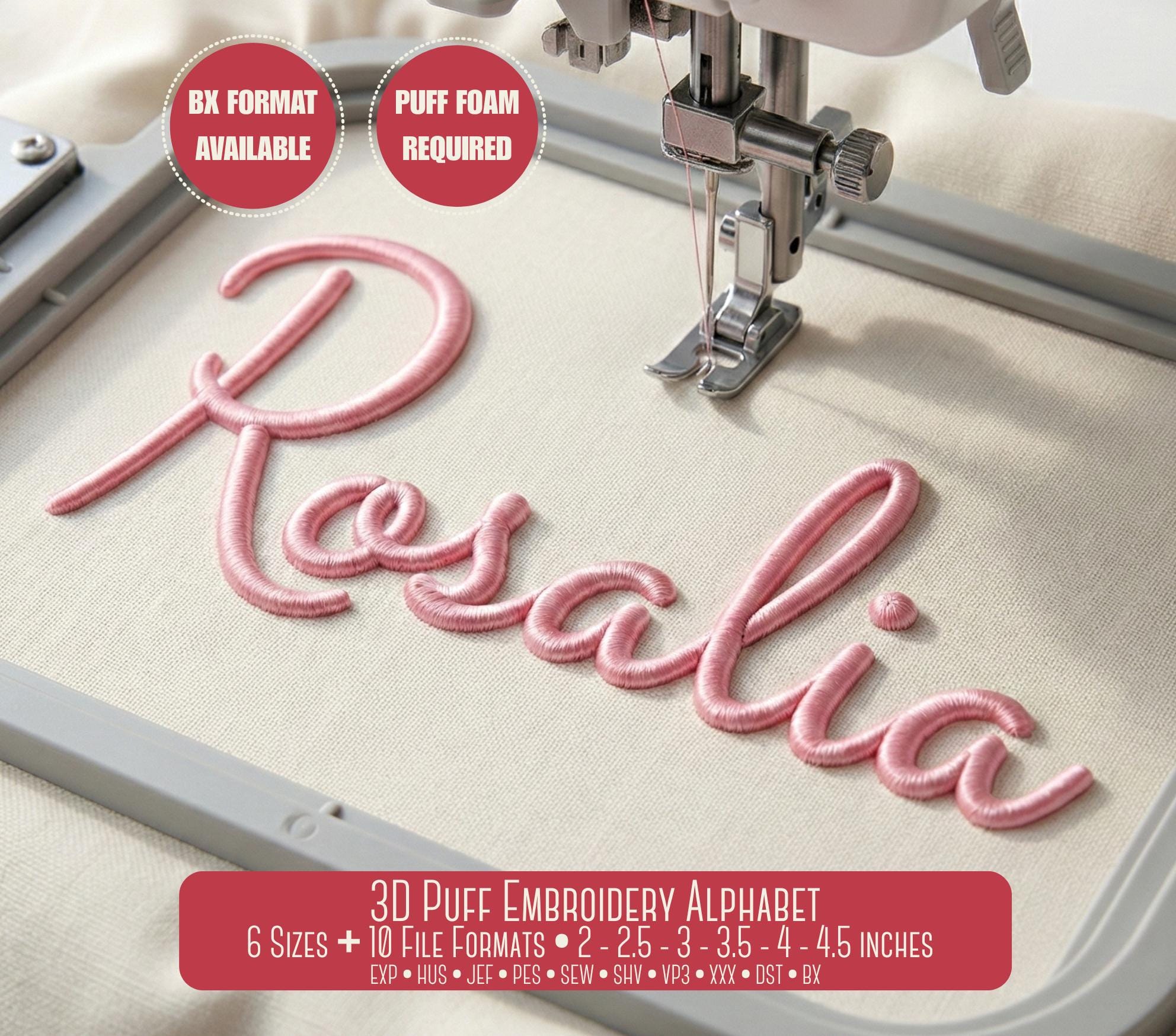 3D Puff Script Embroidery Font - BX Ready + 6 Sizes + PES+DST and More ...