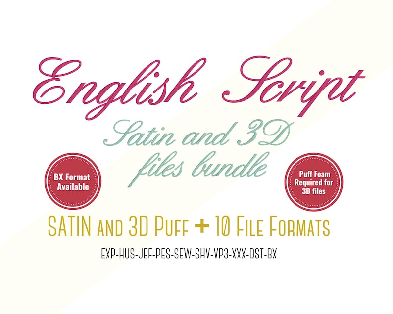 English Script Embroidery Font Bundle – Satin + 3D Puff Cursive ...