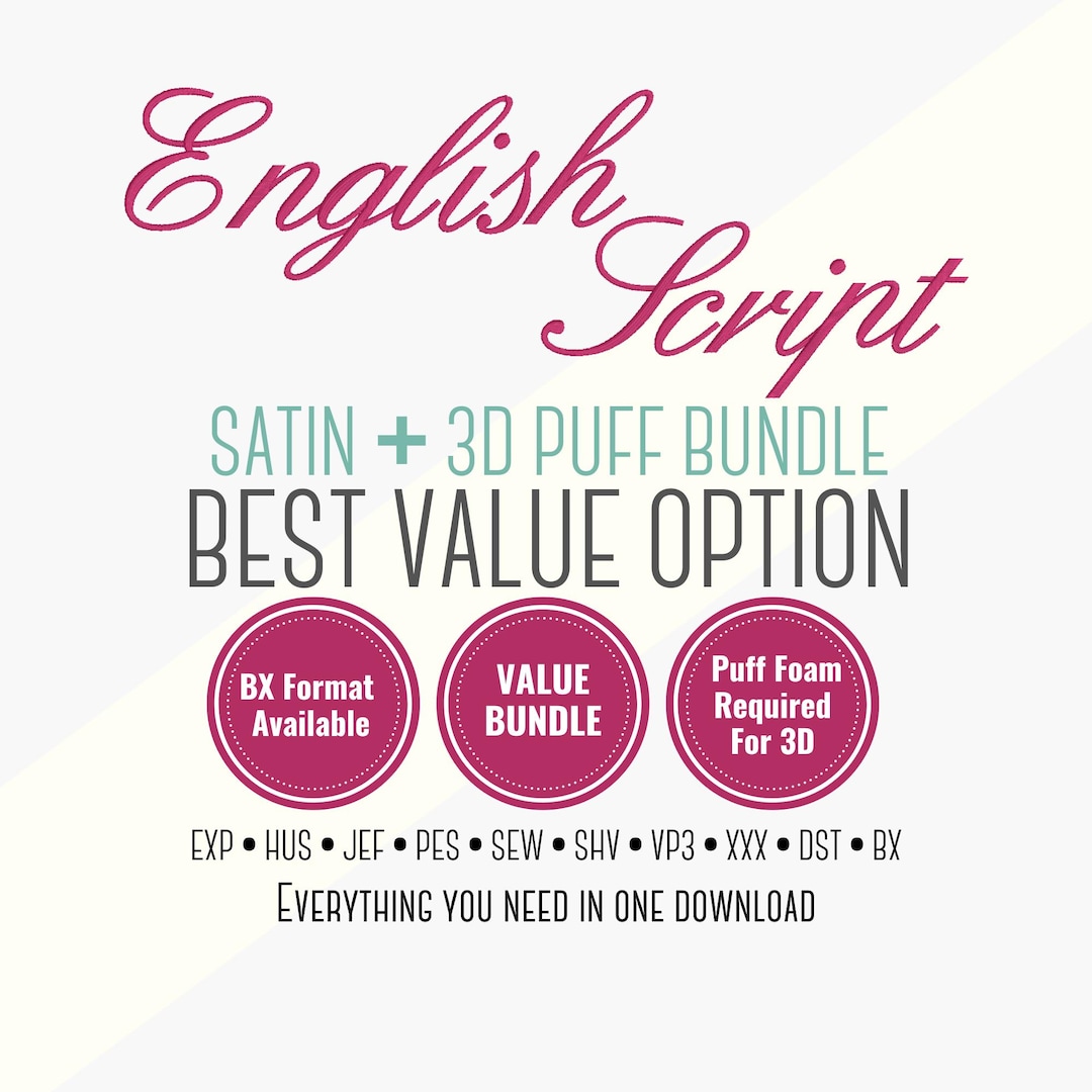 English Script Embroidery Font Bundle – Satin + 3D Puff Cursive ...