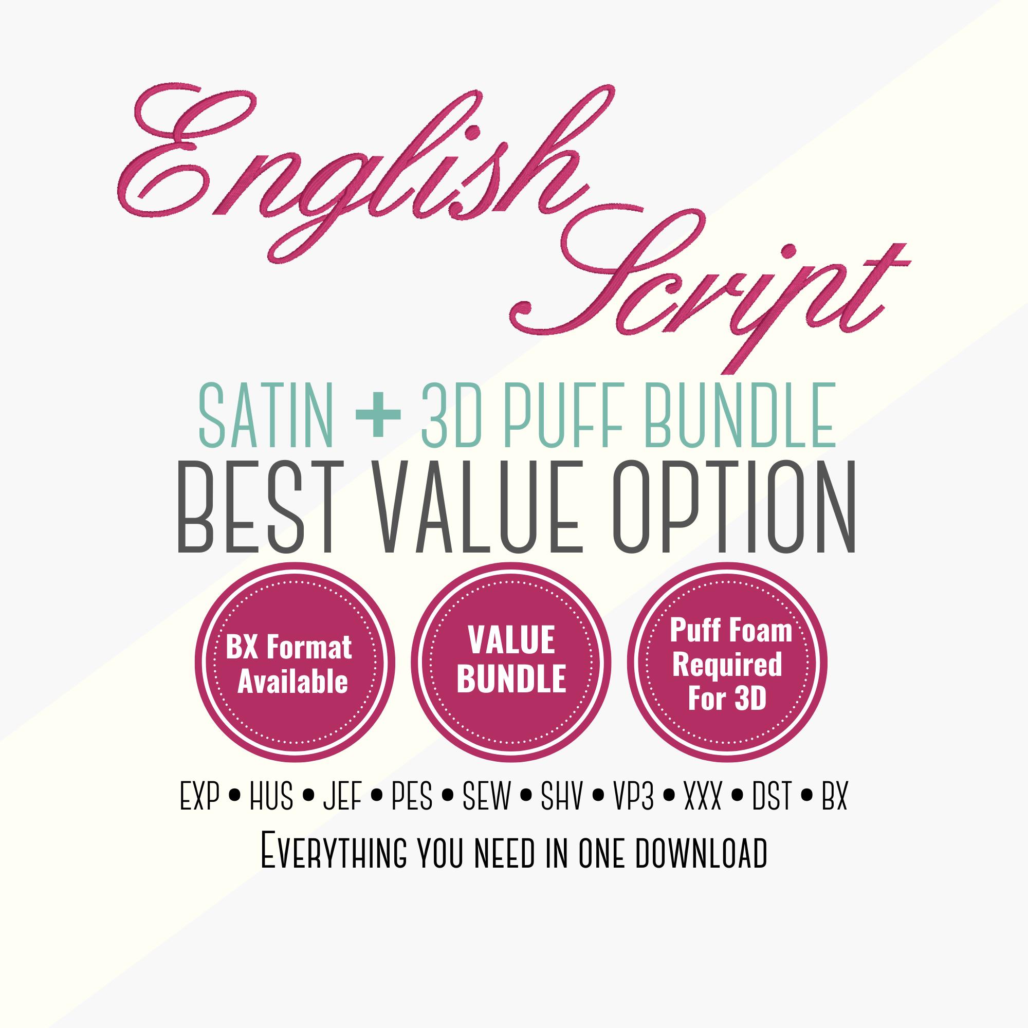 English Script Embroidery Font Bundle – Satin + 3D Puff Cursive ...