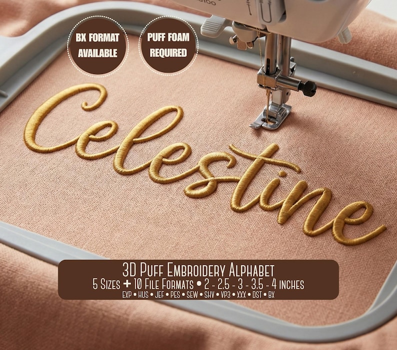 3D Puff Cursive Script Embroidery Font; 5 Sizes, BX Font, PES + 8 Other ...