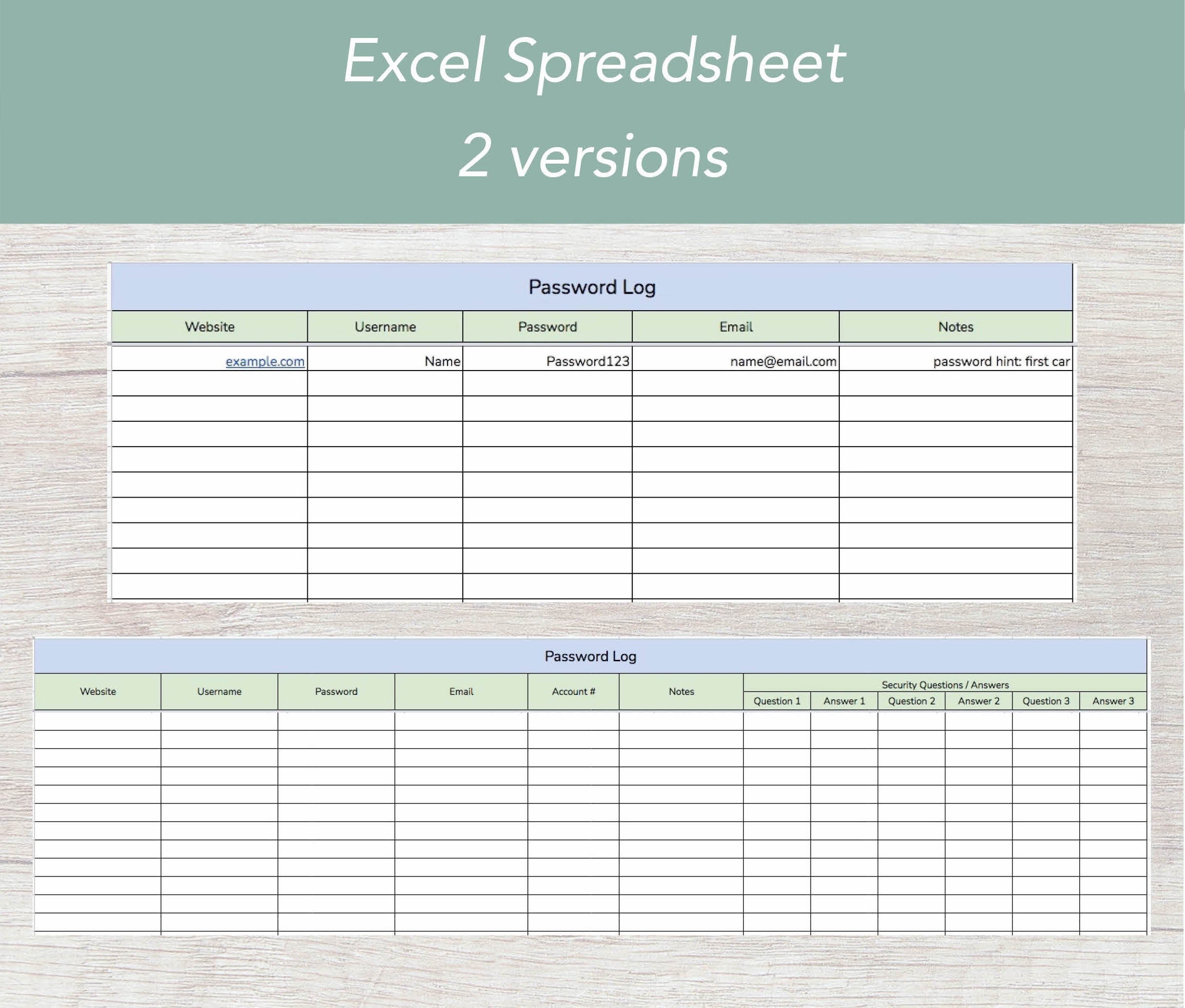 Password Log Excel, Password Tracker, Password Organizer, Spreadsheet ...