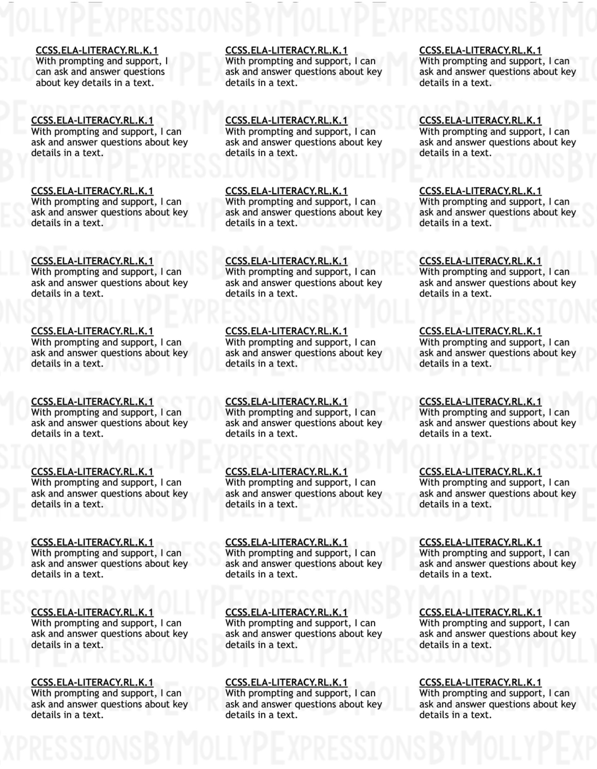 Common Core State Standard: Kindergarten ELA and MATH Printable Labels ...