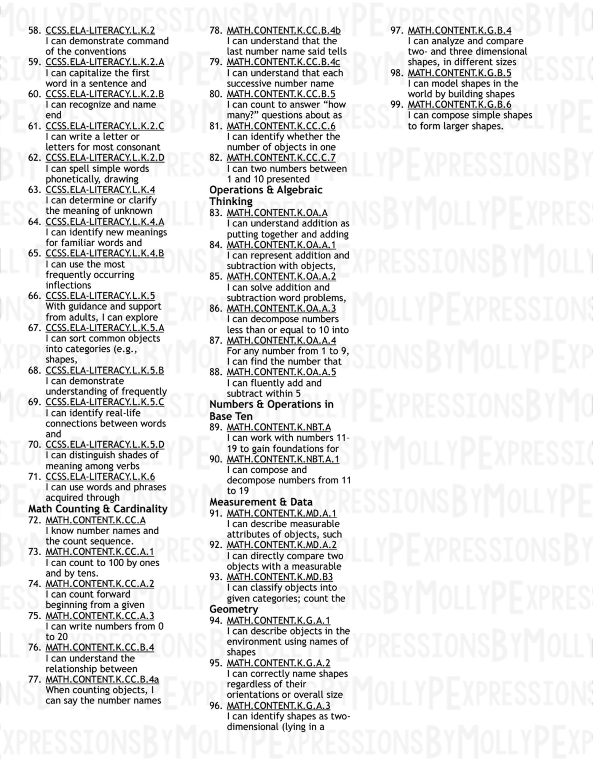 Common Core State Standard: Kindergarten ELA and MATH Printable Labels ...