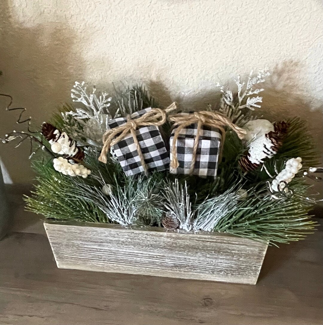 Farmhouse Christmas Delight: Buffalo Plaid Present in Rustic Wood Box ...
