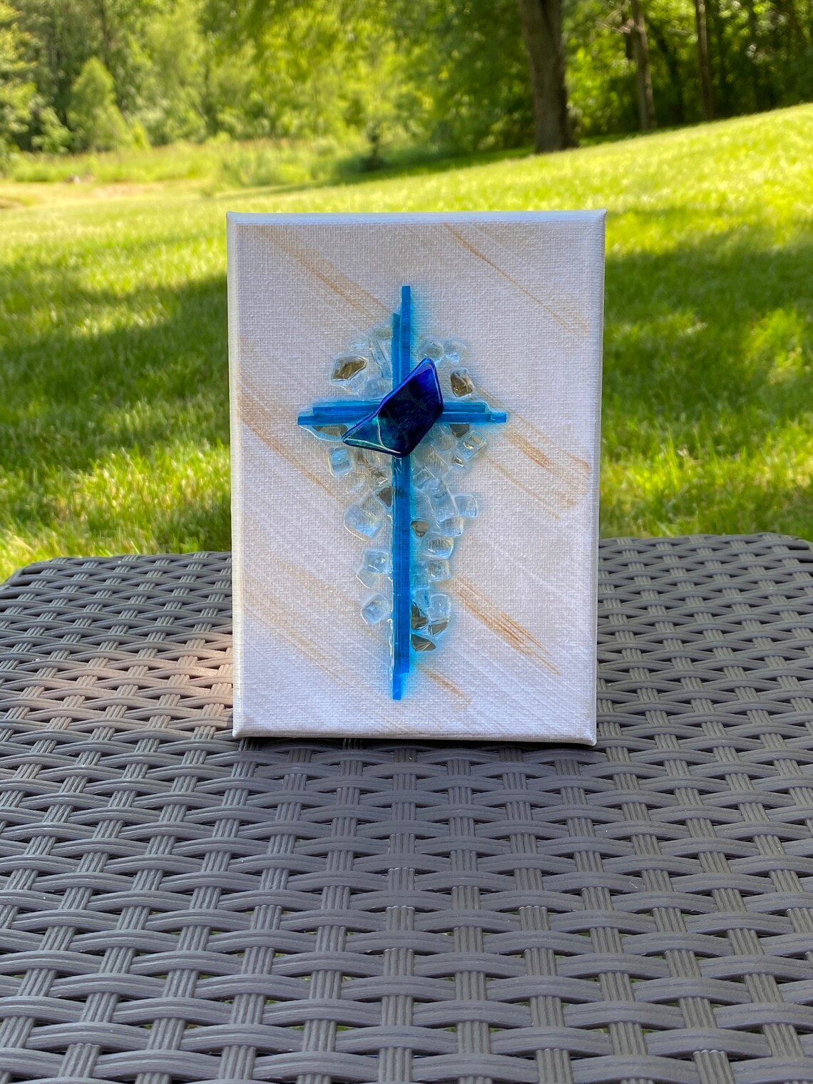 Glass Cross on Canvas With Resin, Teal Cross - Etsy