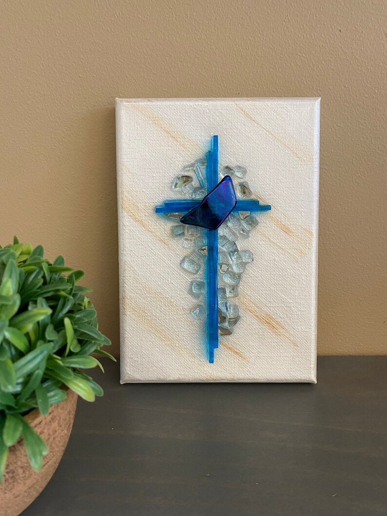 Glass Cross on Canvas With Resin, Teal Cross - Etsy