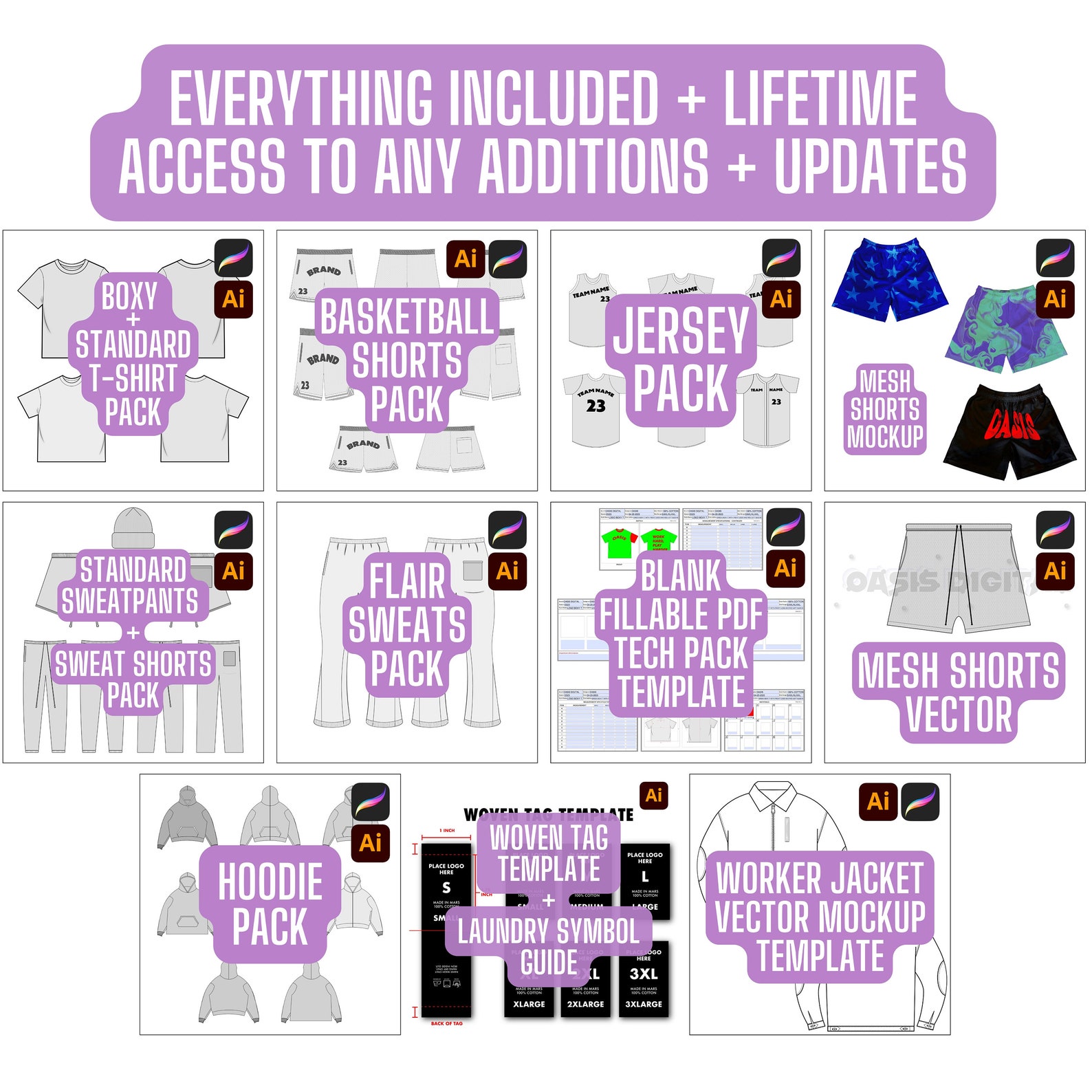 Streetwear Vector Mockups - Tech Pack Template Bundle - Apparel Mockup ...