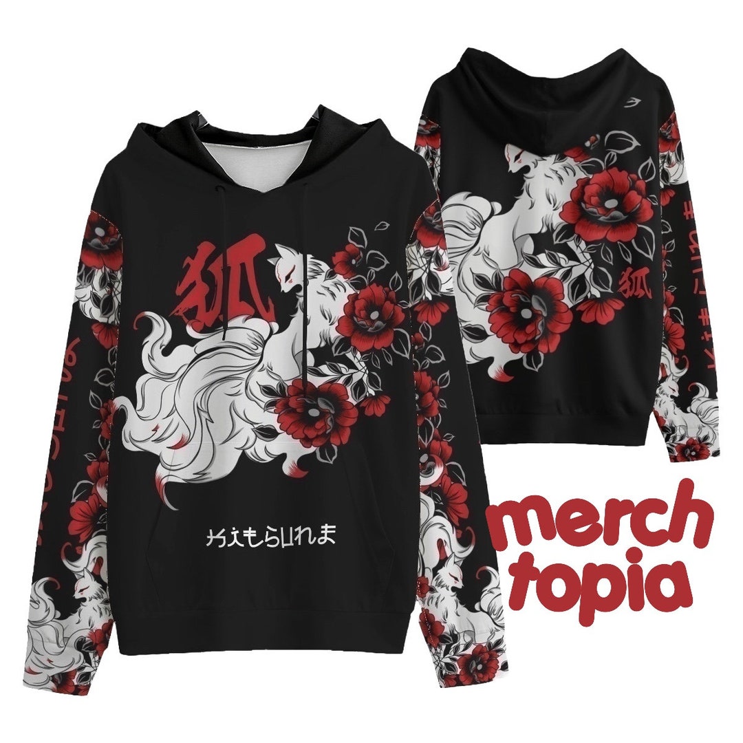 Kitsune Fox Cotton Hoodie Nine Tailed Fox Mask Spirit Japan Kami Inari ...