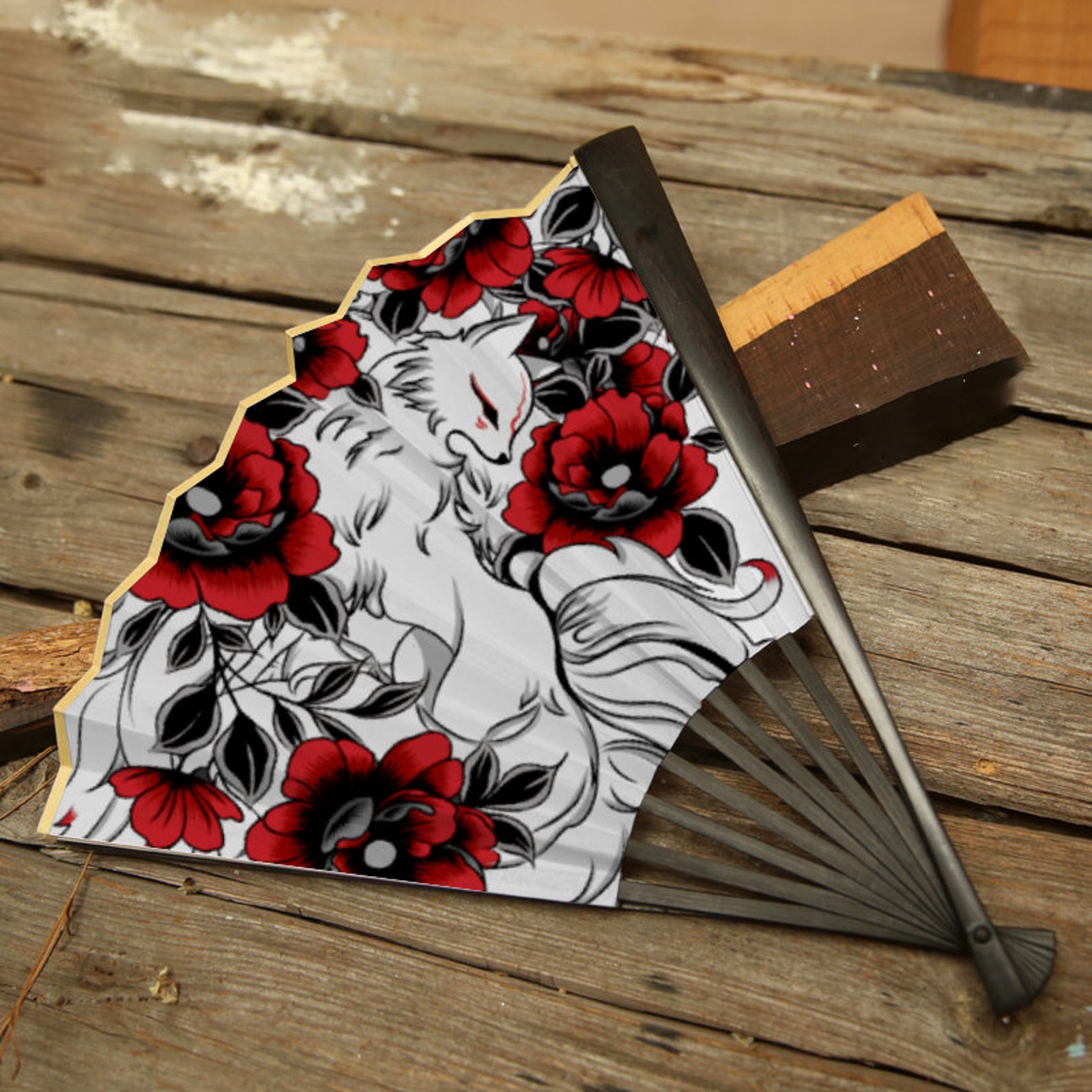 Kitsune Fox Spun Silk Fan White Nine Tailed Fox Kami Inari - Etsy