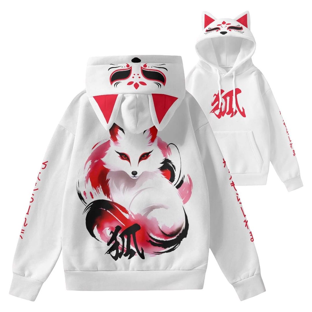 Kitsune Fox Hoodie 3D Ears Nine Tailed Fox Mask Spirit Japan Kami Inari ...