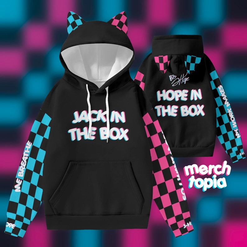 Jack in the Box Hoodie With 3D Cat Ears Two Tone Checkered Kpop Merch ...