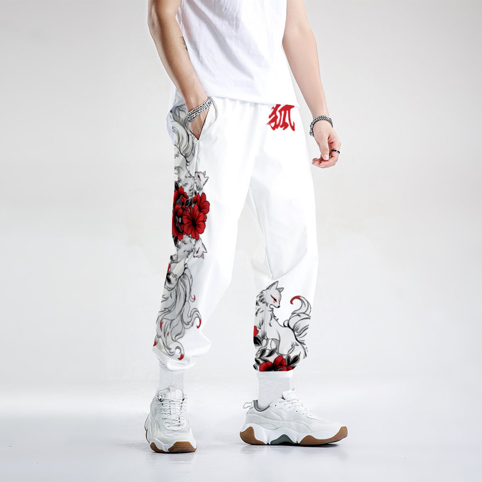 Kitsune Fox White Pants Unisex Nine Tailed Fox Kami Inari Guardian ...