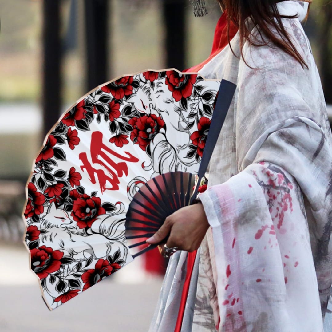 Kitsune Fox Spun Silk Fan White Nine Tailed Fox Kami Inari Guardian ...