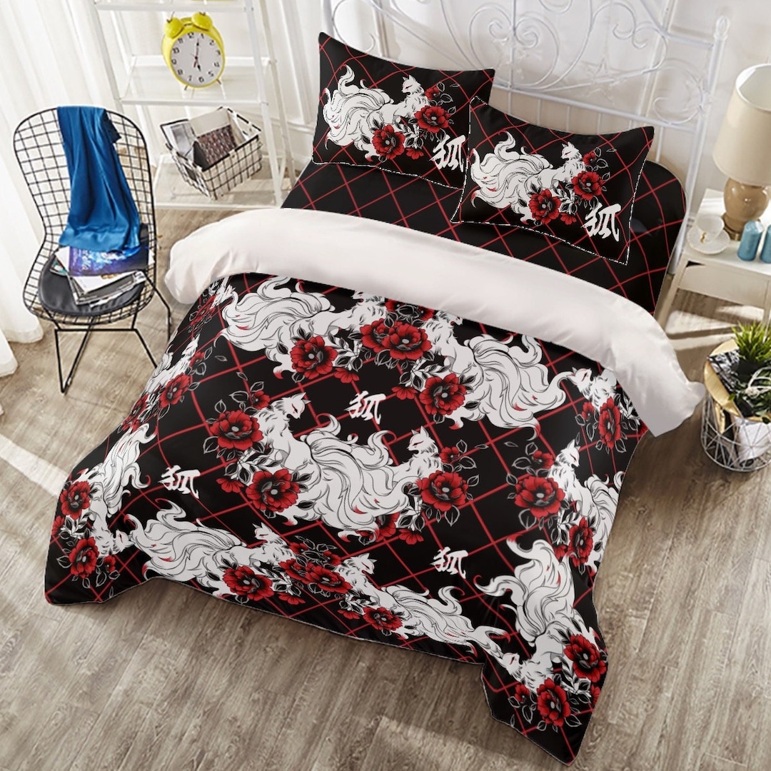 Kitsune Fox 4pcs Bedding Set Black Red Grid Nine Tailed Fox Mask Spirit ...