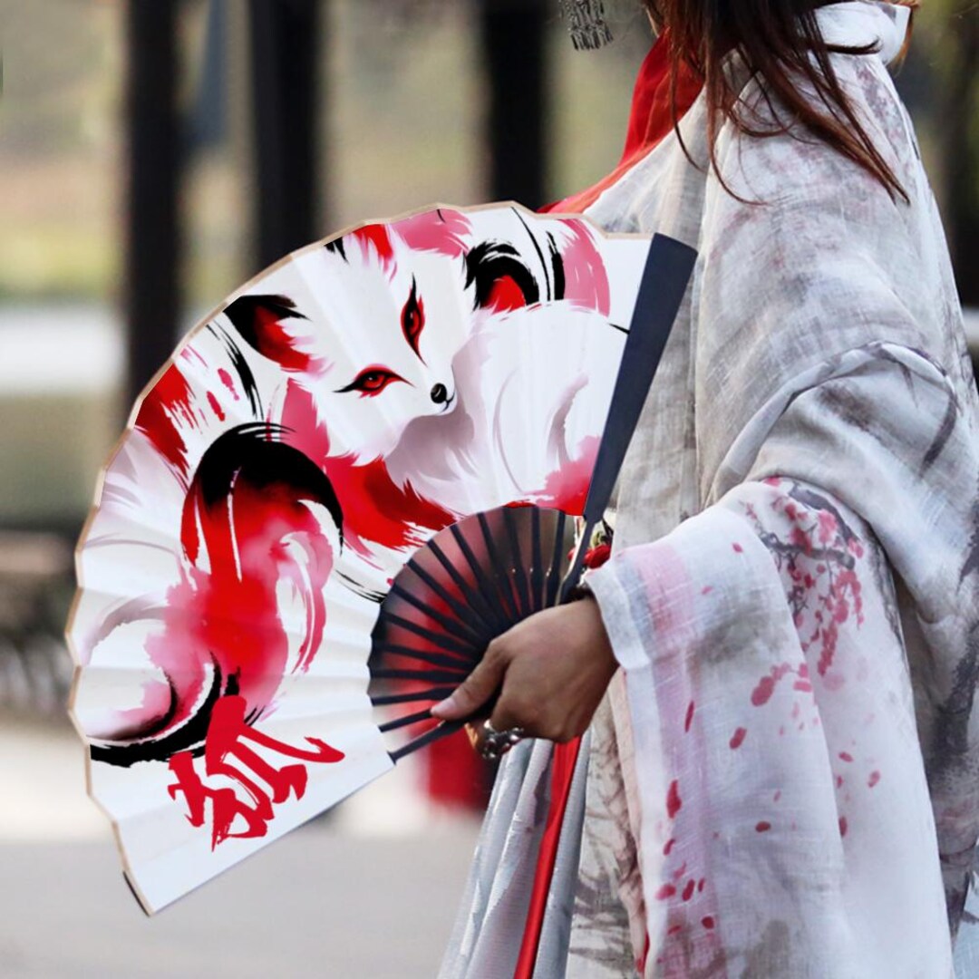 White Kitsune Spun Silk Fan Black Nine Tailed Fox Kami Inari Guardian ...