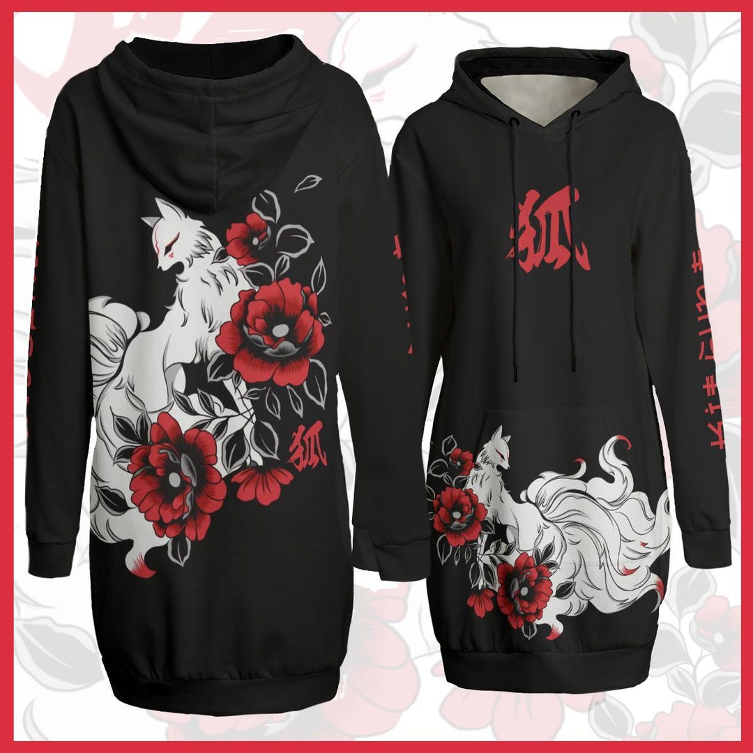 Kitsune Fox Long Cozy Hoodie Nine Tailed Fox Mask Spirit Japan Kami ...