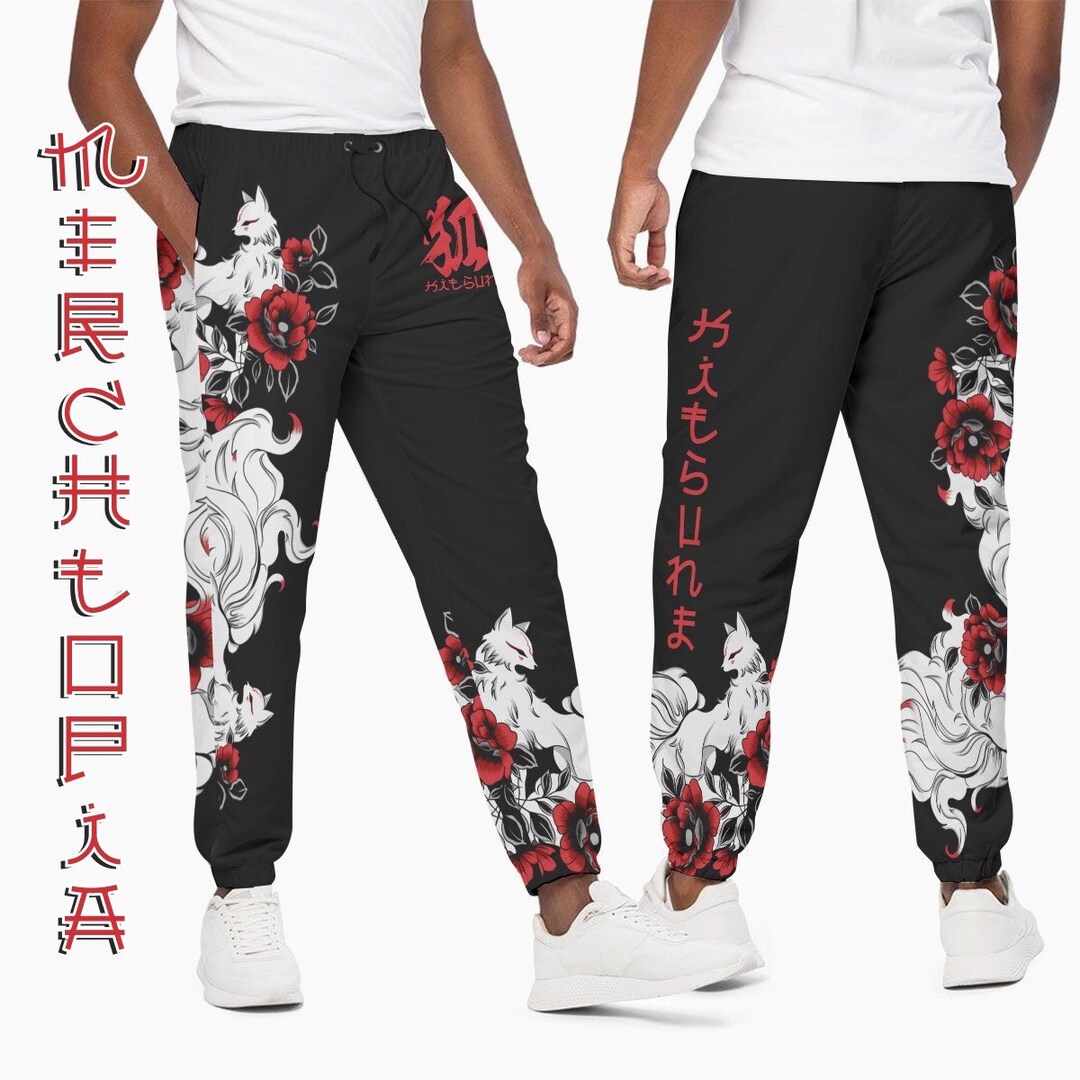 Kitsune Fox Black 100% Cotton Pants Nine Tailed Fox Mask Spirit Japan Kami Inari Guardian All ...