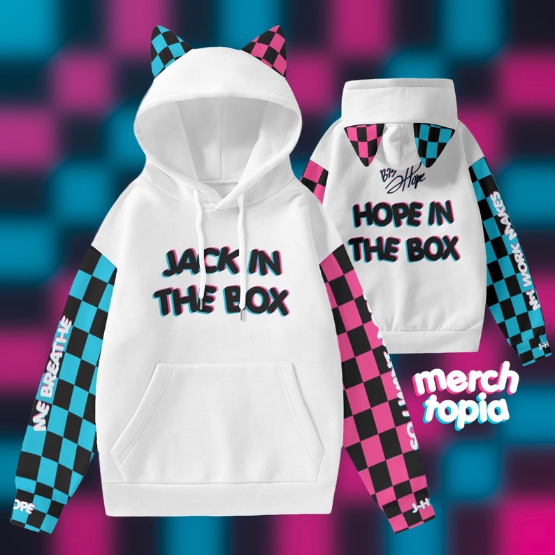 Jack in the Box Hoodie With 3D Cat Ears Two Tone Checkered Kpop Merch ...