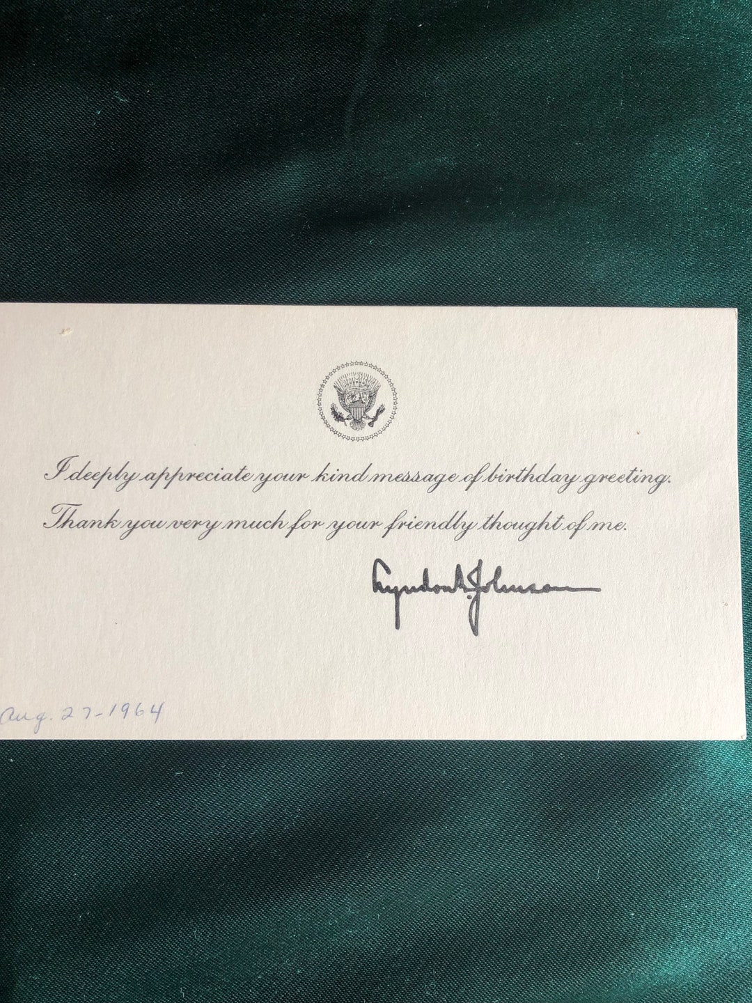 Lyndon B. Johnson, Rare Presidential Signature Card, Aug. 27 1964 ...