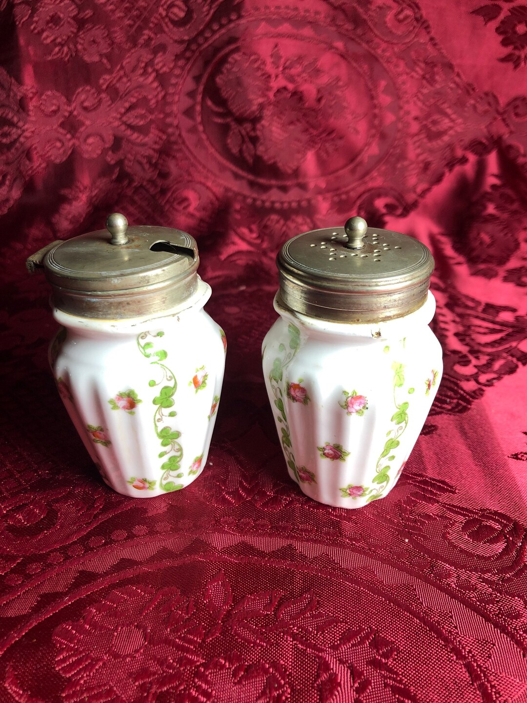 Pair Victorian Porcelain Condiments, Metal Tops, Floral Decoration ...