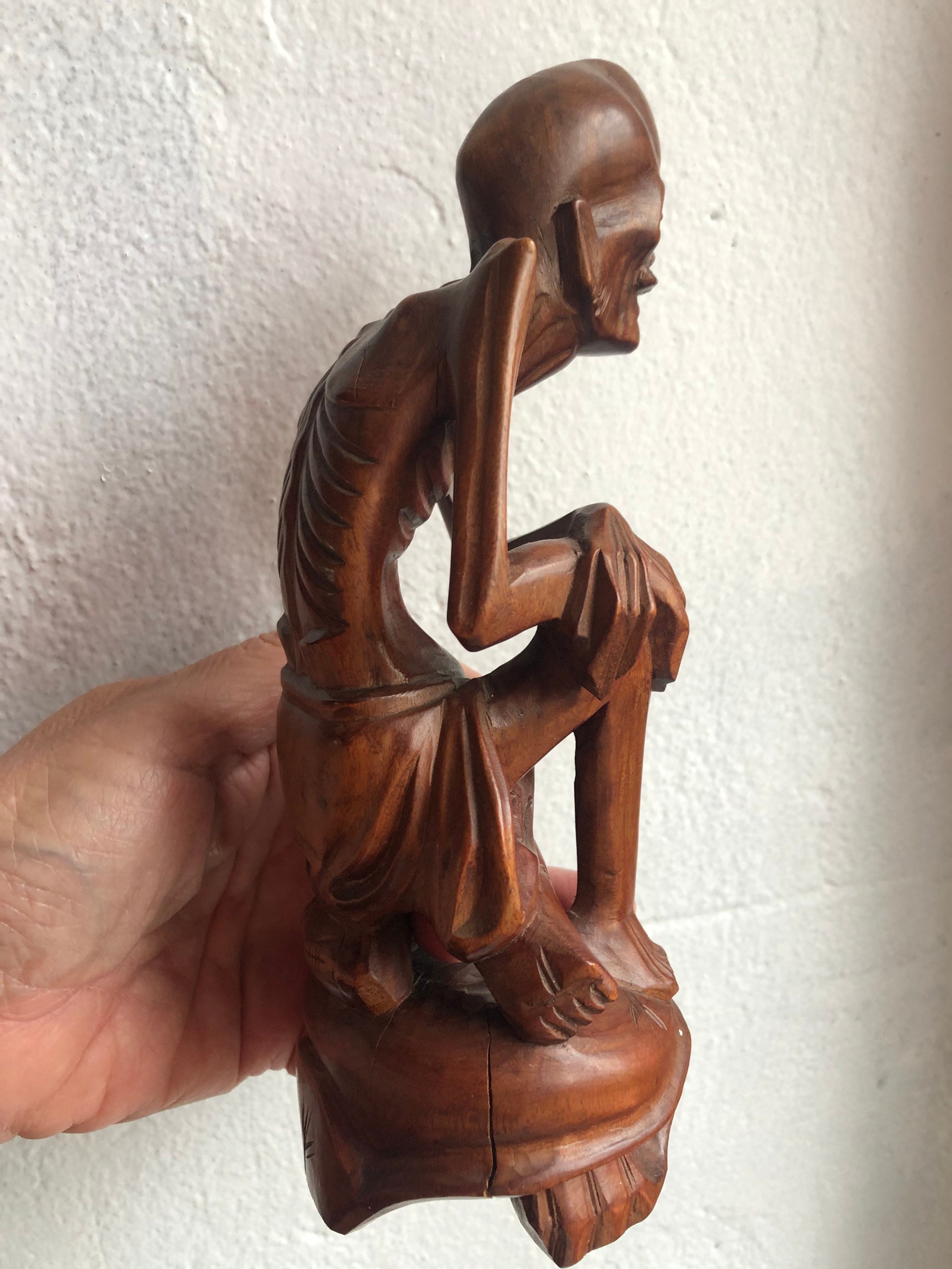 Hand Carved Wooden Hermit Statuette, Japanese or Asian Carving, Vintage ...