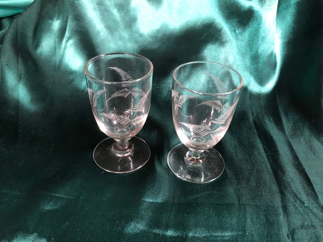 Pair Small Antique Wine Glasses, Victorian Etched Stemmed Glasses ...