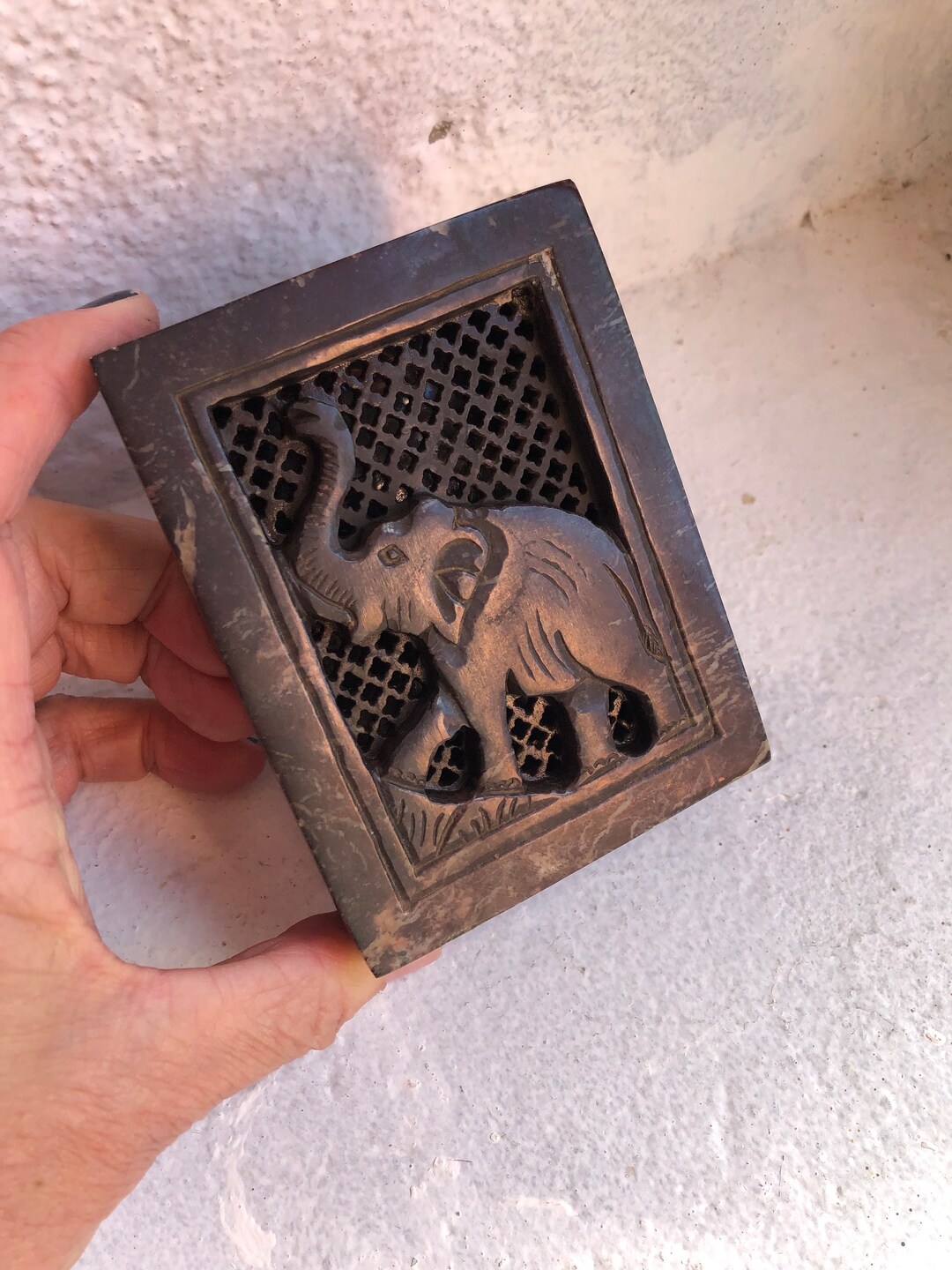 Vintage Soapstone Trinket Box, Indian Elephant Motif, Carved Stone ...