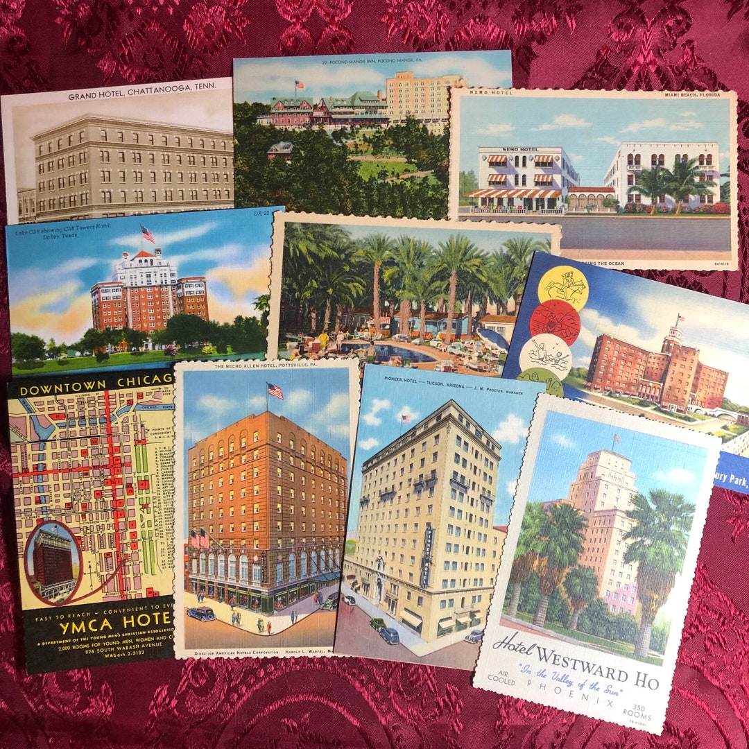 Ten Different Early Postcards of USA Hotels, Collectable Souvenir ...