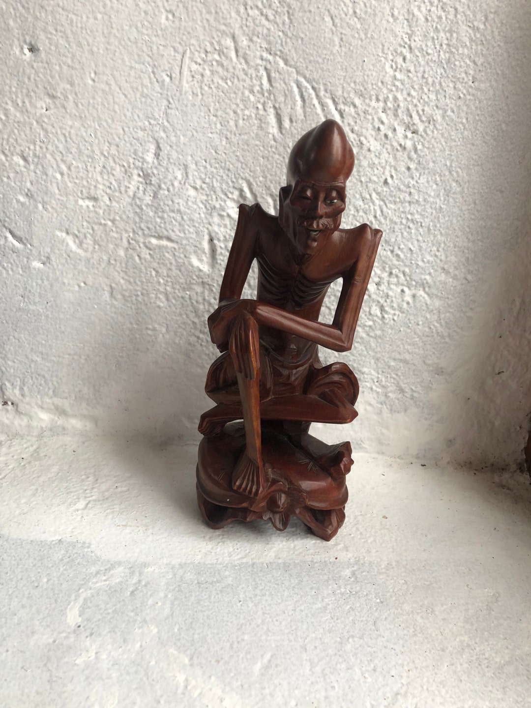 Hand Carved Wooden Hermit Statuette, Japanese or Asian Carving, Vintage ...