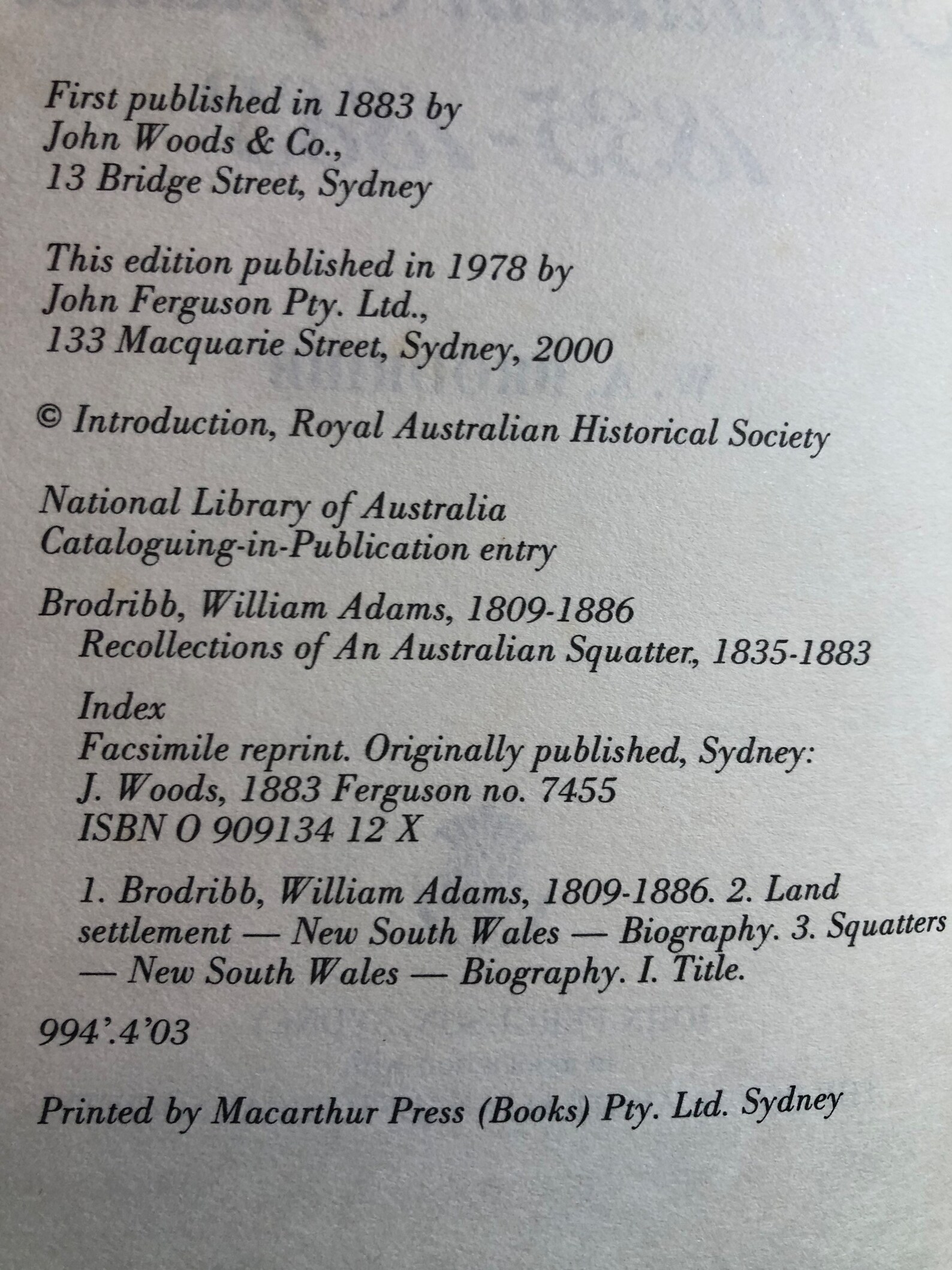 Recollections of an Australian Squatter 1835-1883, A Book by W. A ...