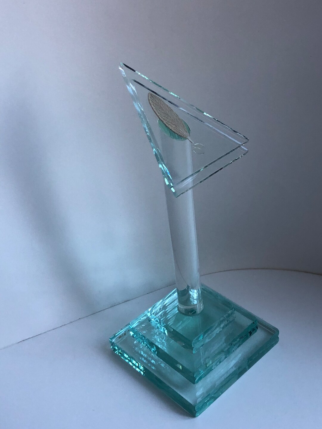 Sculpture in Glass, Modernist Clear Glass Ornament Featuring A Leaf ...