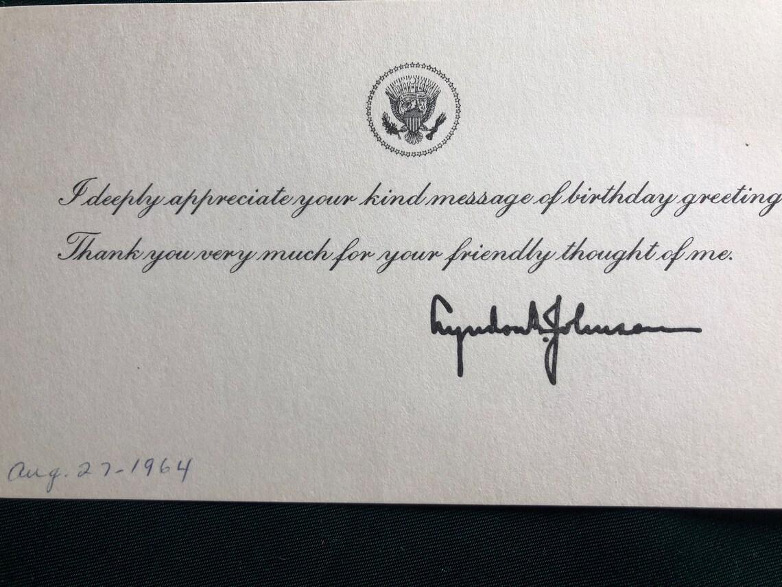 Lyndon B. Johnson, Rare Presidential Signature Card, Aug. 27 1964 ...