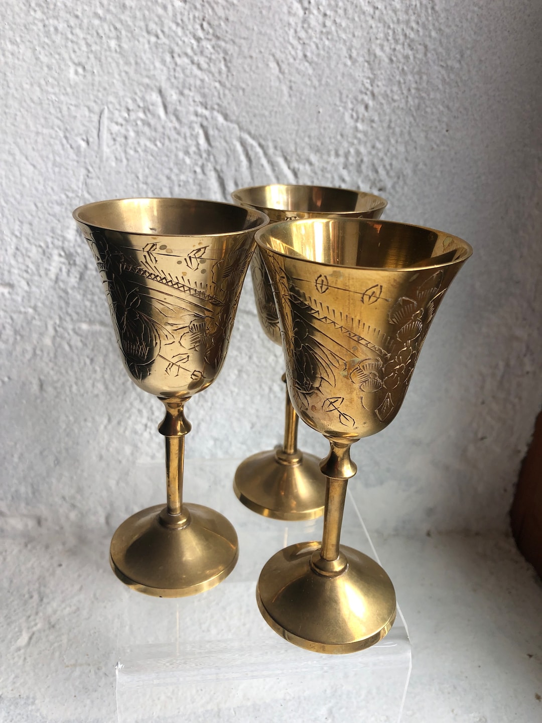 Vintage Brass Goblets, Set of 3 With Engraved Floral Pattern, Made in ...