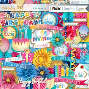 Birthday Digital Scrapbook Elements, Birthday Graphics. - Etsy