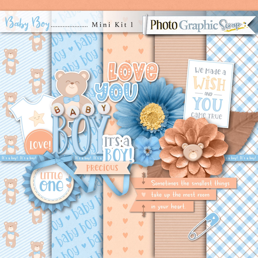 Baby Boy Digital Scrapbook Mini Kit, Baby Scrapbook Elements, Baby ...