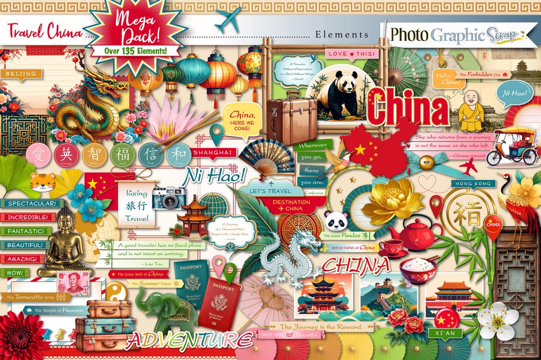 China Travel Scrapbook Kit, Digital Clipart, Scrapbook Elements - Etsy