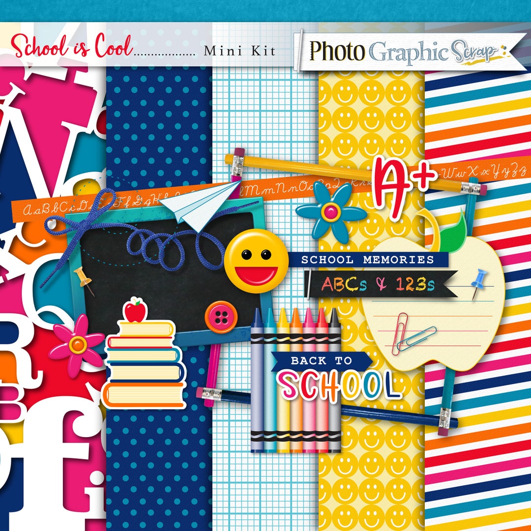 School Digital Scrapbook Mini Kit, School Scrapbook Elements, School ...