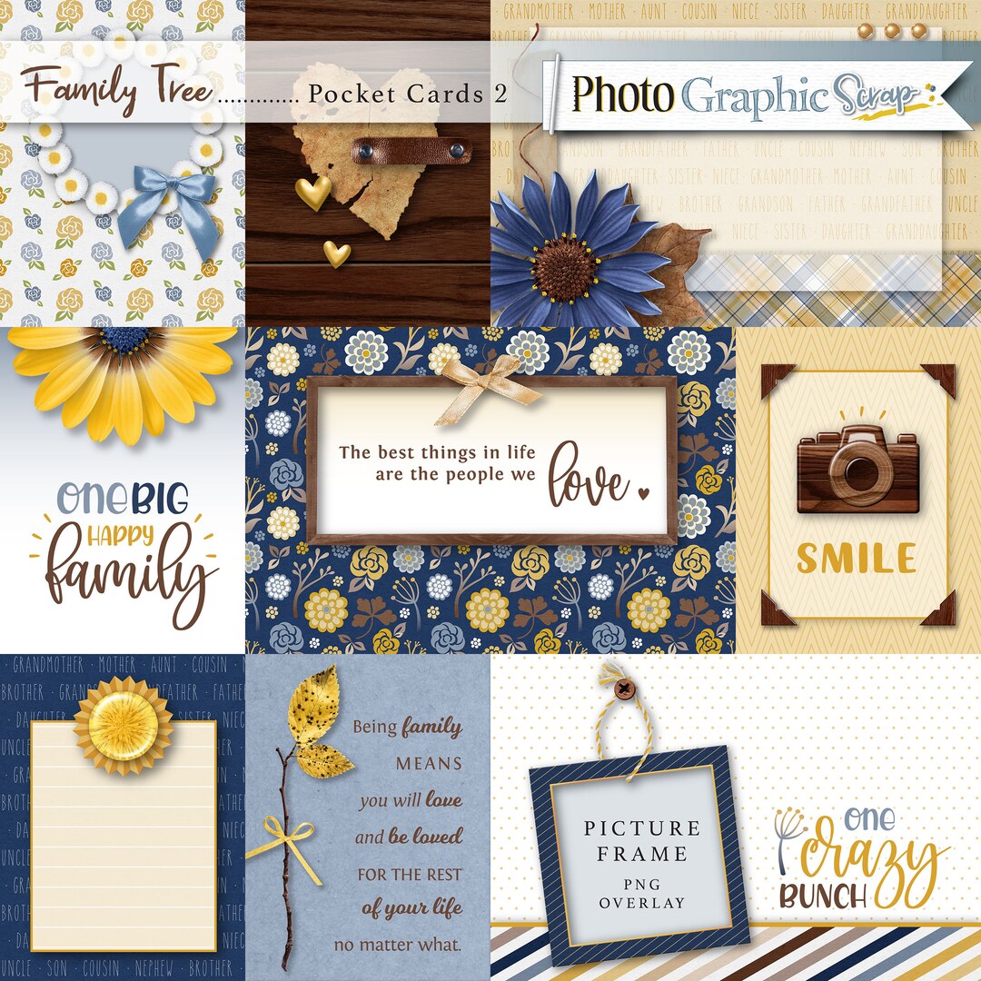Family Tree Digital Scrapbook Pocket Cards, Family Clipart. - Etsy