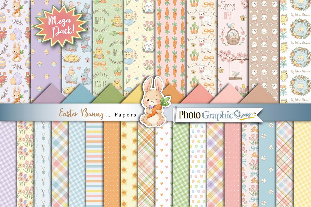 Easter Bunny Digital Papers, Pretty Pastel Spring Patterns, Easter ...