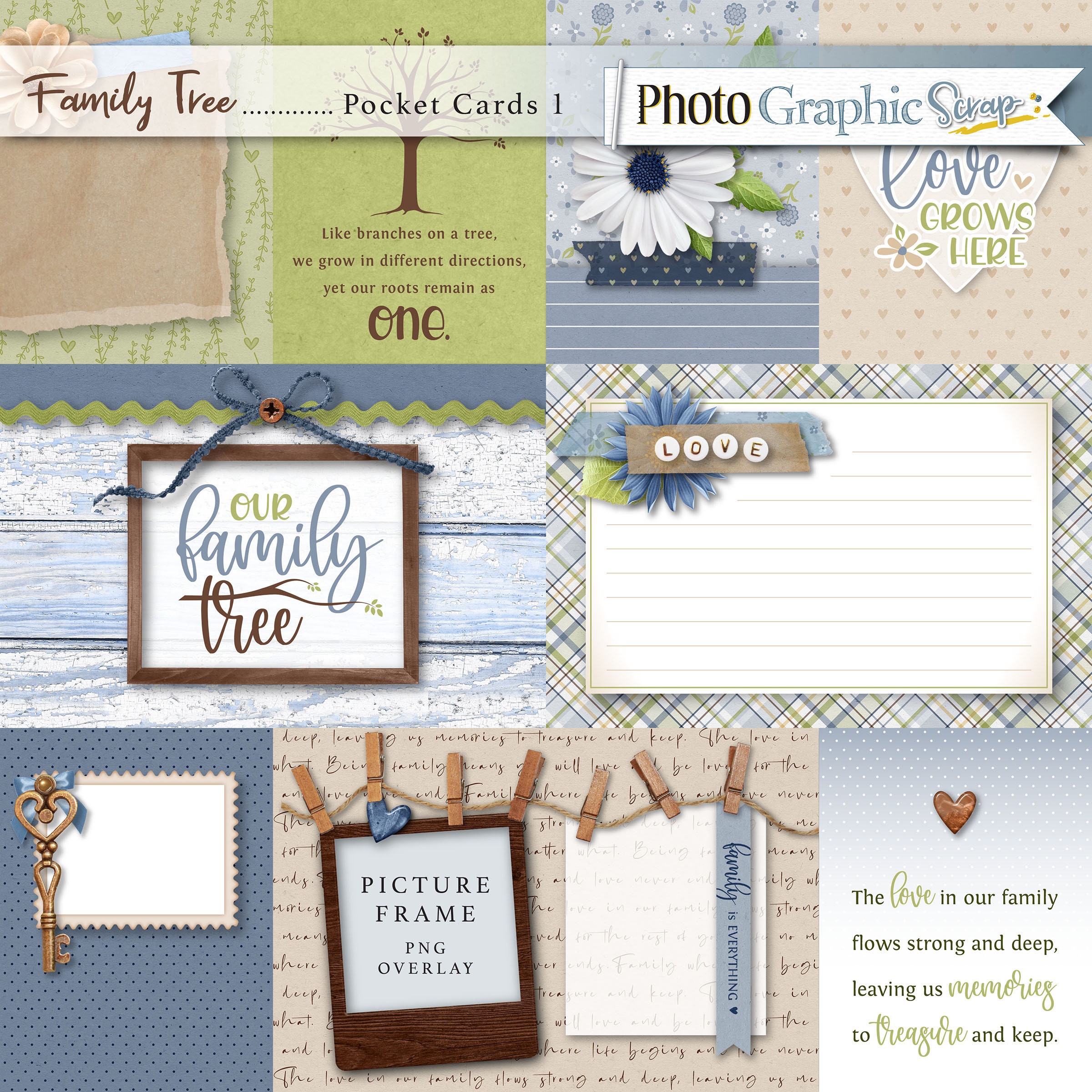 Family Tree Digital Scrapbook Pocket Cards, Family Clipart. - Etsy