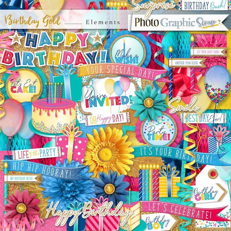 Birthday Digital Scrapbook Elements, Birthday Graphics. - Etsy
