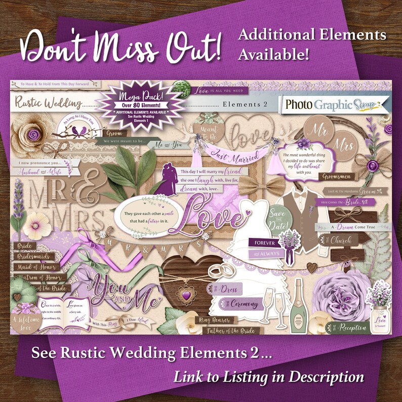 Rustic Wedding Scrapbook Elements, Wedding Theme Elements, Digital ...