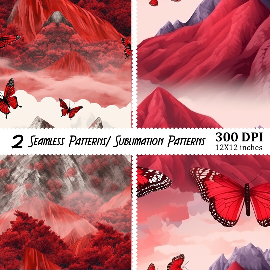 Seamless Red Butterflies and Mountains Digital Pattern, Instant ...