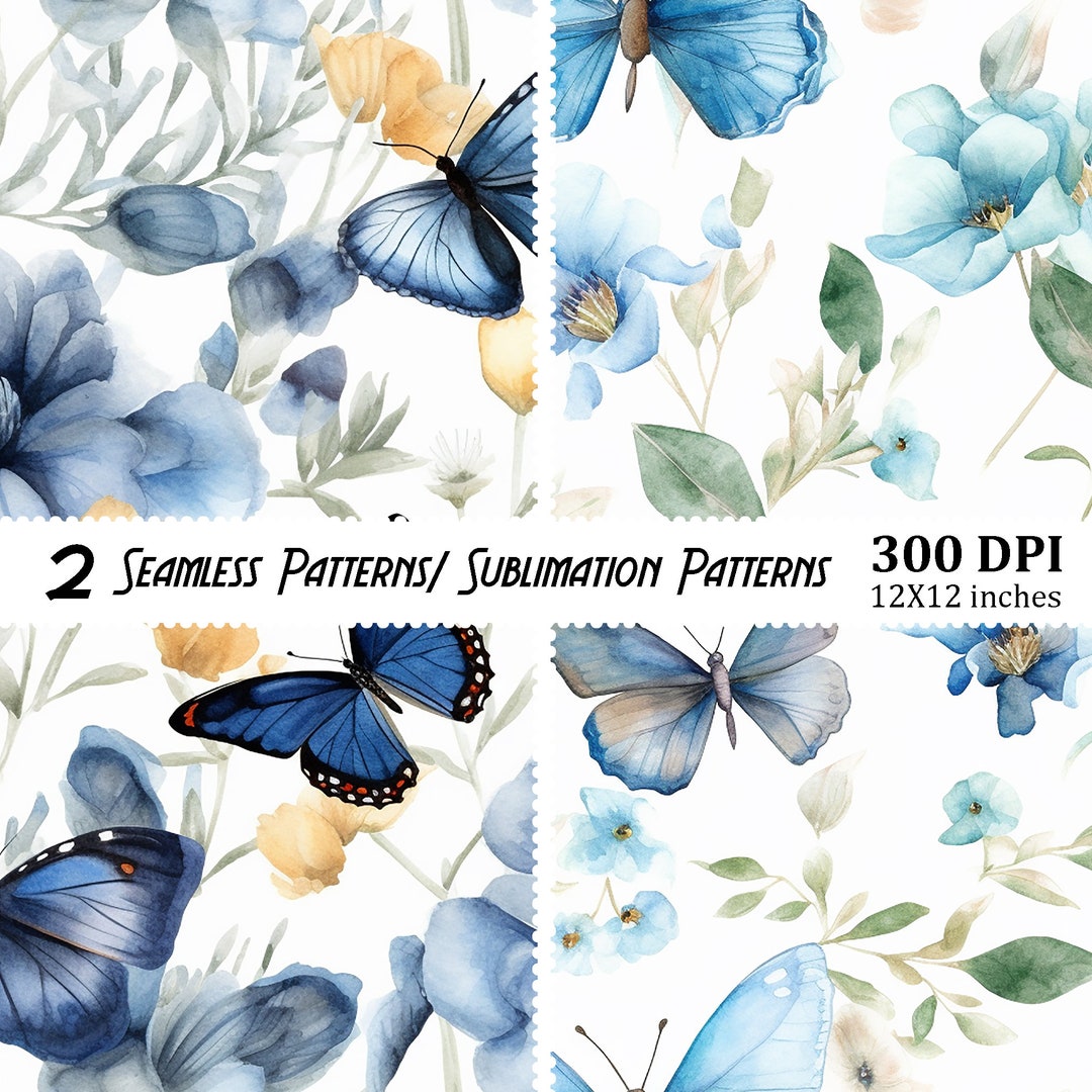Seamless Blue Butterflies and Flowers Digital Pattern, Instant Download ...