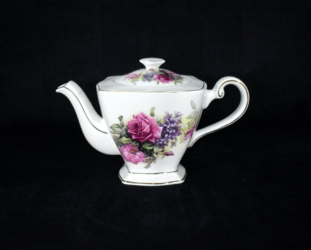 Vintage Purple Roses Square Teapot With Gold Gilding, Painted Purple ...