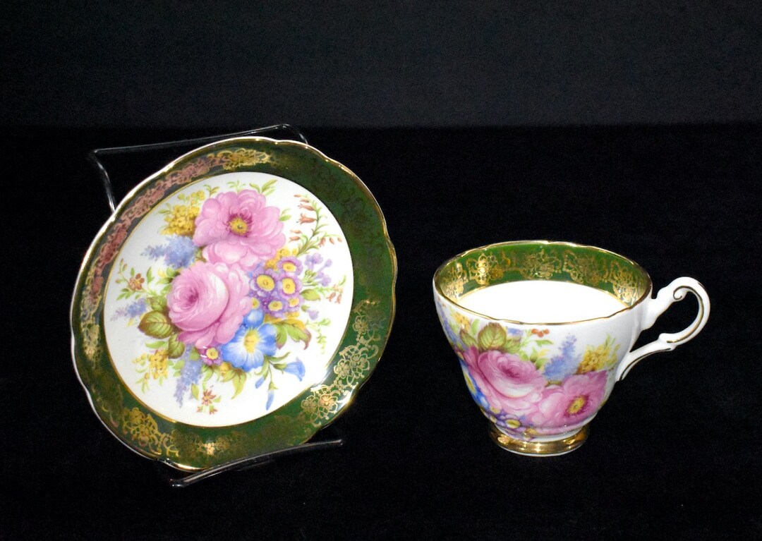 Regency, Green Teacup, Made in England, Pink Flower Teacup - Etsy
