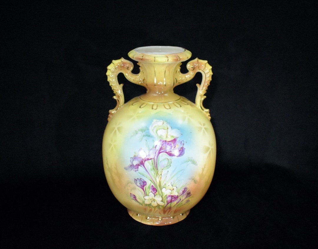 Large Austria Yellow Vase Hand Painted Flowers, Vintage Austria Flower ...