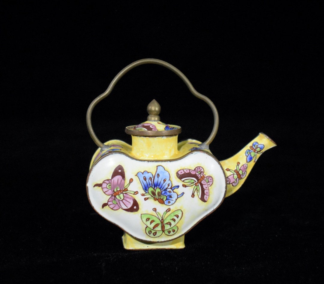 Adorable Miniature Enameled Butterfly Teapot Heart-shaped With Vibrant ...