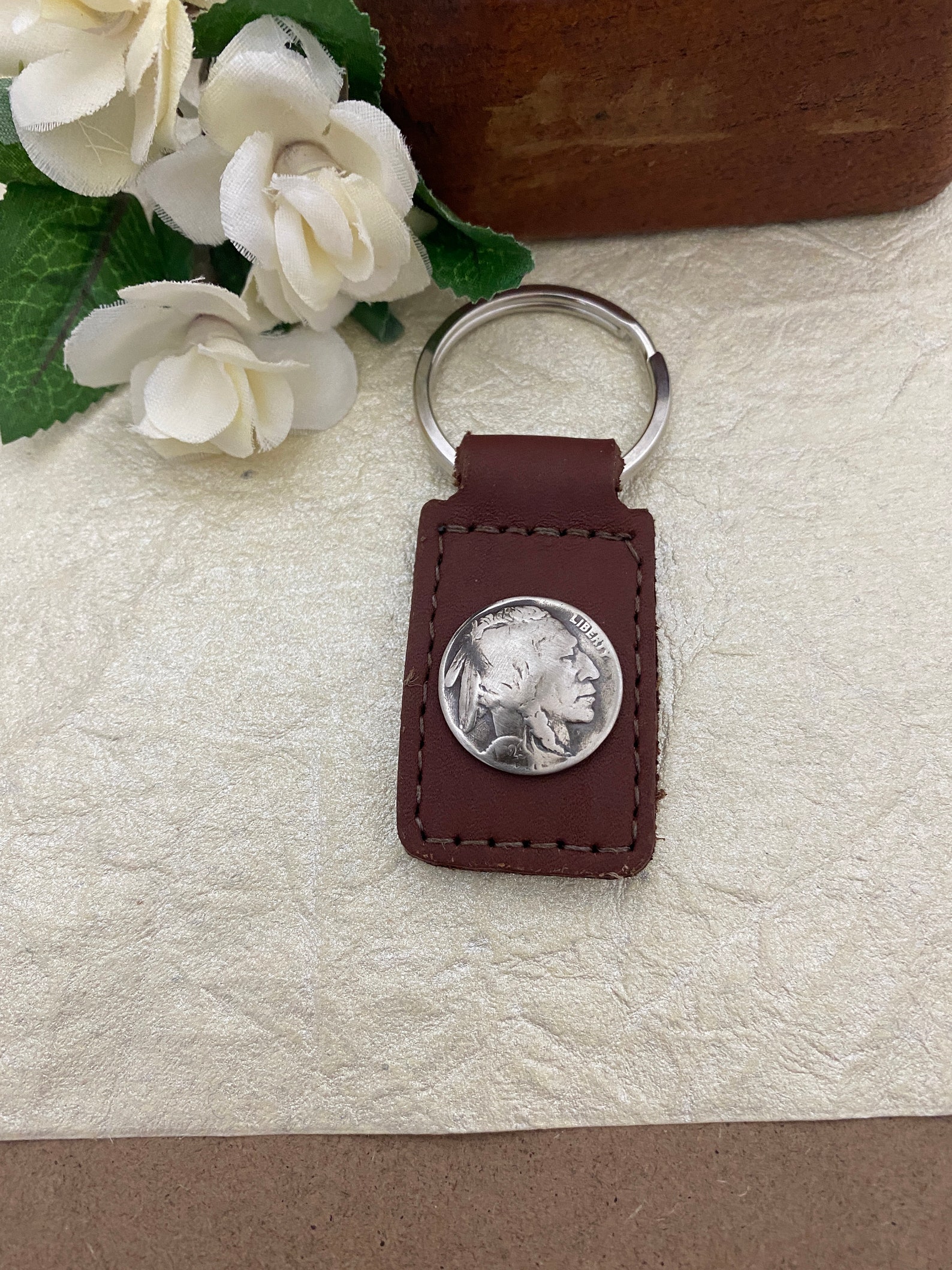 Buffalo or Indian nickel on a leather keychain with Indian | Etsy